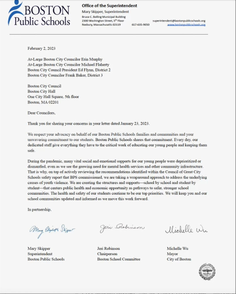 BPS, Boston School Committee + Mayor Wu respond to letter re: school ...